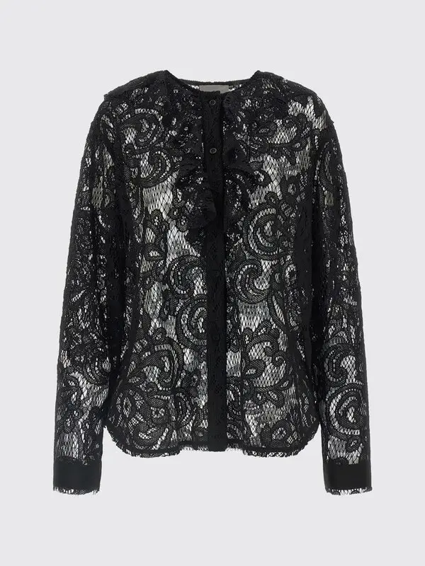 NUDE Long-sleeved Embroidered Lace Blouse With Ruffles And Crew Neck
