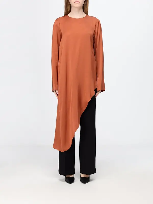MEIMEIJ Asymmetrical Rayon Blouse With Long Sleeves And A Round Neck - Orange