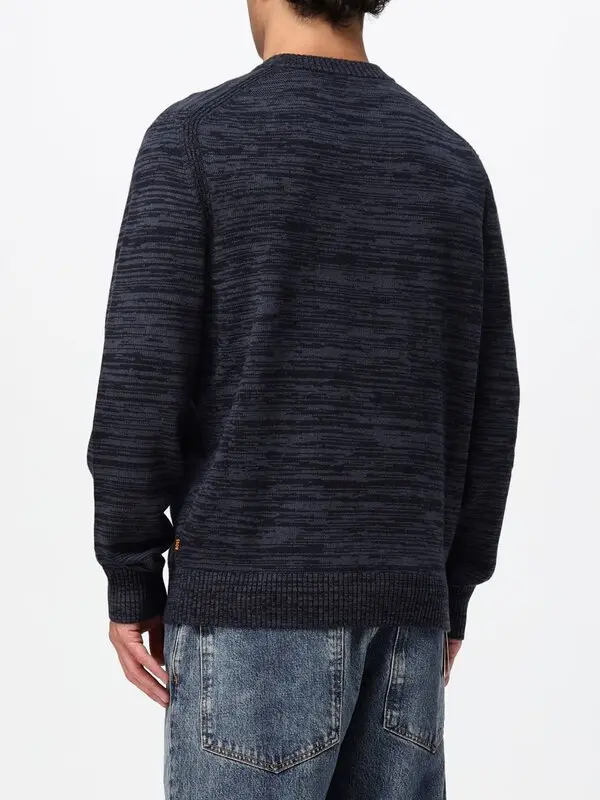 BOSS Abstract Pattern Virgin Wool Crew-neck Jumper With Ribbed Trims - Blue