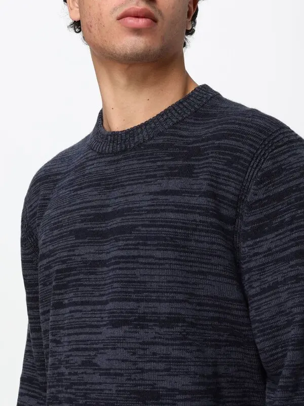 BOSS Abstract Pattern Virgin Wool Crew-neck Jumper With Ribbed Trims - Blue