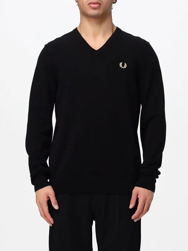 Fred Perry V-neck Wool And Cotton Blend Jumper With Embroidered Logo - Black