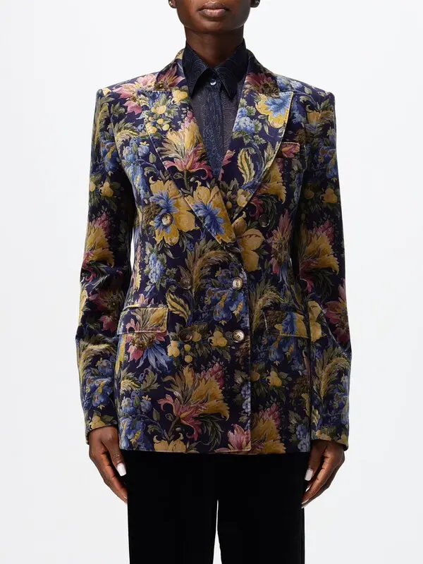 Etro Floral Print Velvet Double-breasted Blazer With Peak Lapels - Blue
