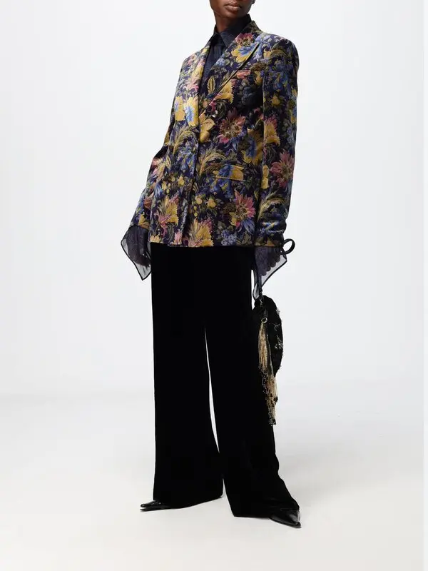 Etro Floral Print Velvet Double-breasted Blazer With Peak Lapels