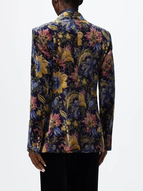 Etro Floral Print Velvet Double-breasted Blazer With Peak Lapels