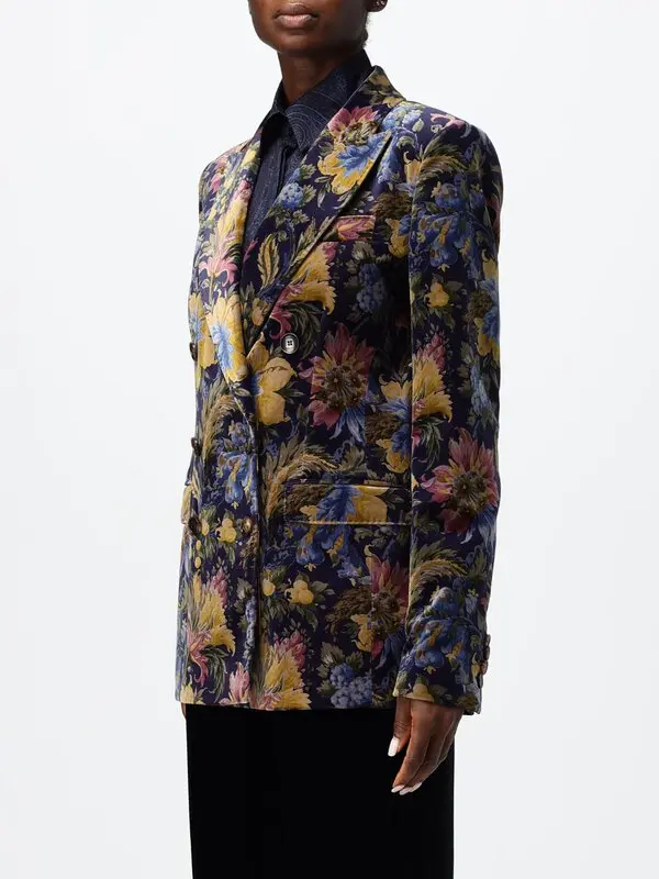 Etro Floral Print Velvet Double-breasted Blazer With Peak Lapels