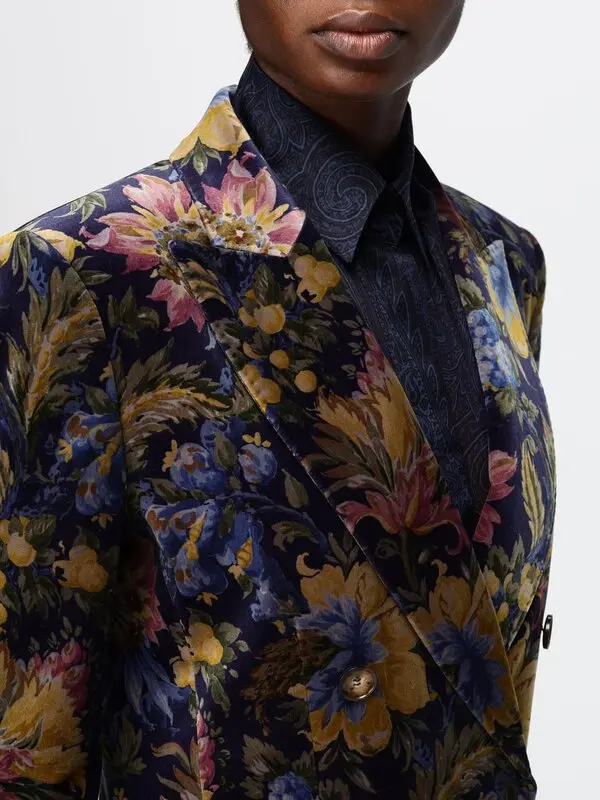 Etro Floral Print Velvet Double-breasted Blazer With Peak Lapels