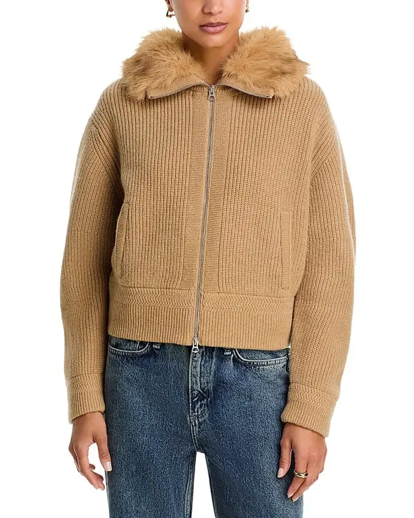 Rag & Bone Amelia Wool & Faux Fur Ribbed Zip Cardigan - Camel