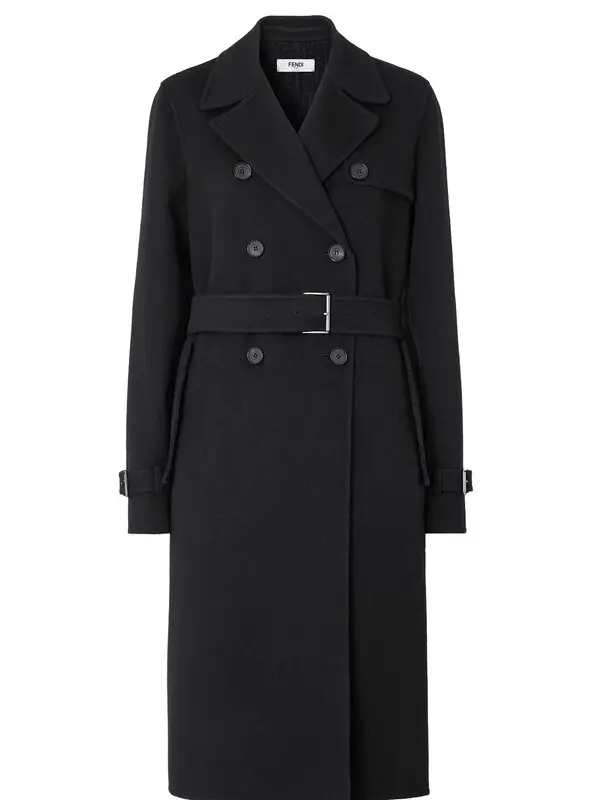 Fendi Virgin Wool & Silk Coat With Side Slit Hem, Cape Back, Adjustable Cuffs And Belt