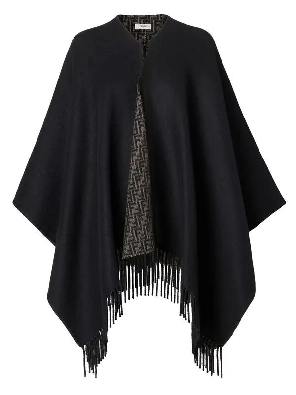 Fendi Large Double-sided Wool-cashmere Poncho With Fringed Hem - Nero