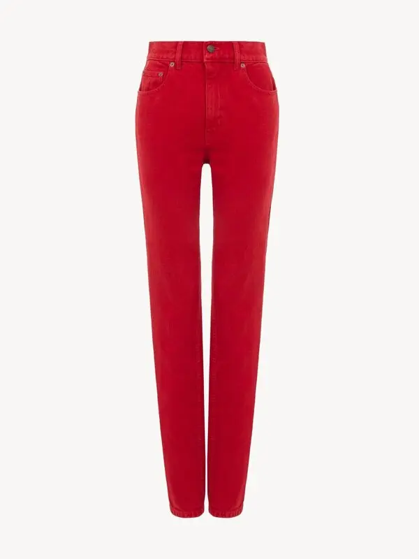 Chloé Front Zip 5-pocket Mini Denim Jeans With Leather Back Patch And Logo Button