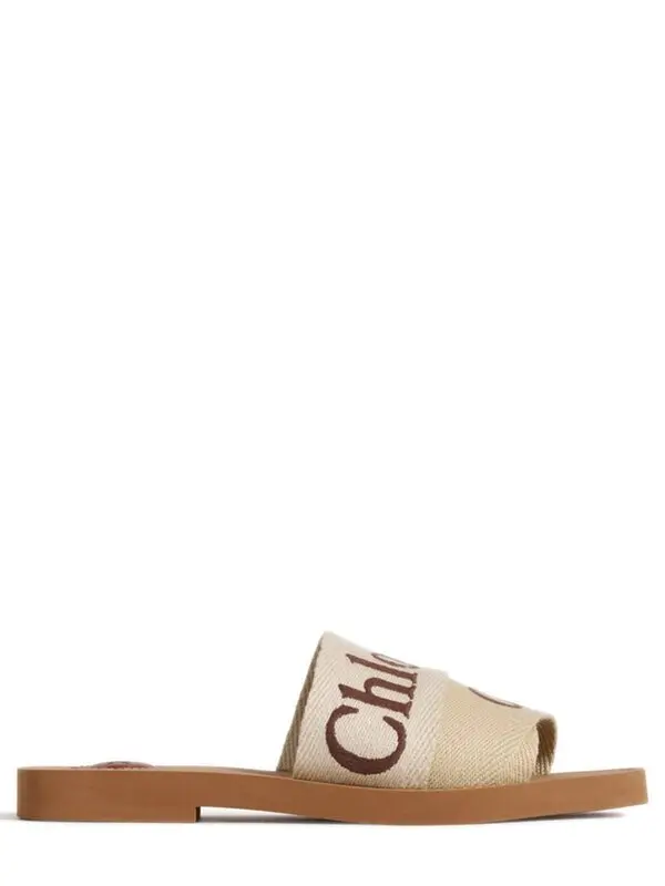 Chloé Embroidered Logo Ribbon-detail Mini Sandals With Rubber Sole - Beige