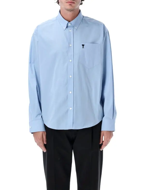 AMI Paris Of Caur Cotton Poplin Boxy Shirt With Chest Patch Pocket - Blu