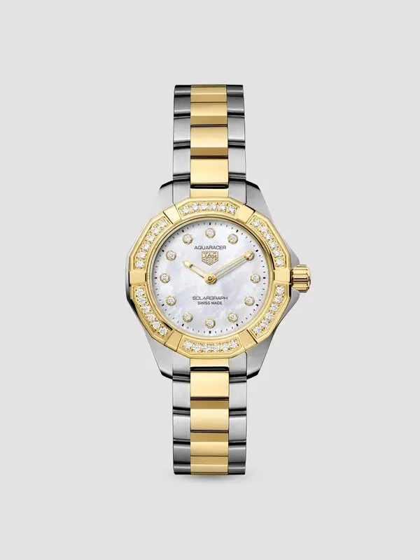 Tag Heuer Aquaracer Professional 100 Solargraph Stainless Steel, 18k--plated, 0.37 Tcw Diamond, & Mother-of-pearl Bracelet Watch/28mm - Gold