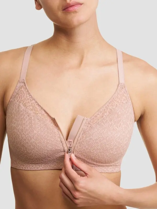 Natori Pretty Smooth Zip Front Pocketed Mastectomy Wireless Bra - Buff