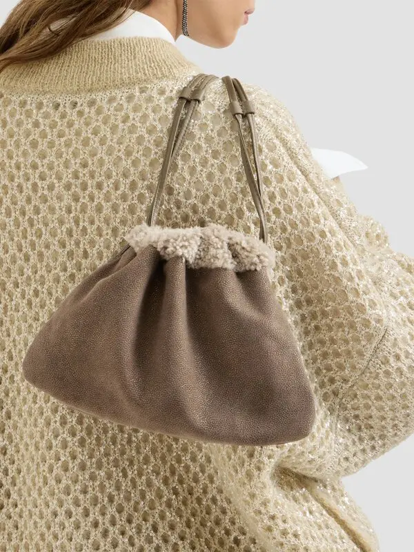 Brunello Cucinelli Pouch Bag In Sparkling Textured Leather With Shearling Lining