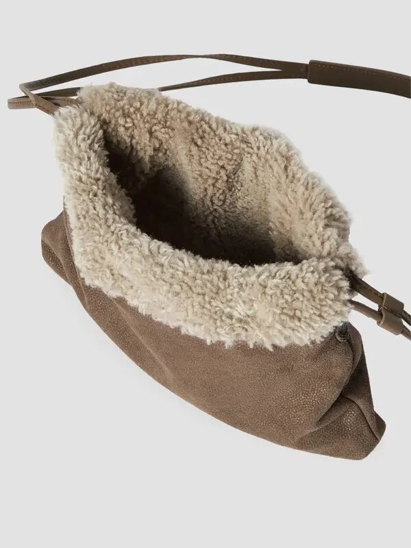 Brunello Cucinelli Pouch Bag In Sparkling Textured Leather With Shearling Lining