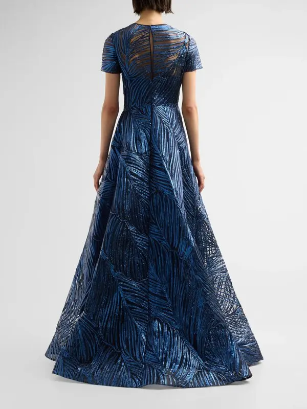 Naeem Khan Metallic Raffia Short-sleeve Illusion Gown