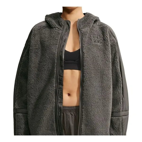 Nike X Skims Sherpa Oversized Full-zip Hooded Jacket 'boulder Obsidian