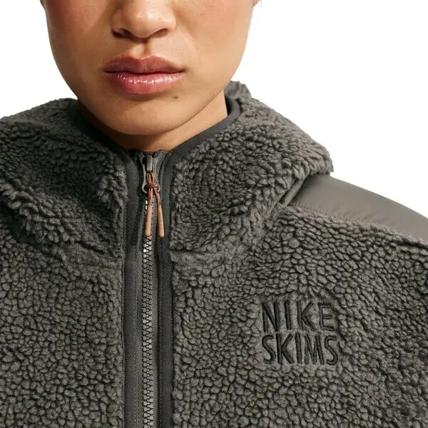 Nike X Skims Sherpa Oversized Full-zip Hooded Jacket 'boulder Obsidian