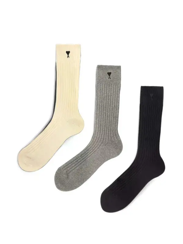 AMI Paris De Coeur Embroidered Ribbed Socks - Neutrals