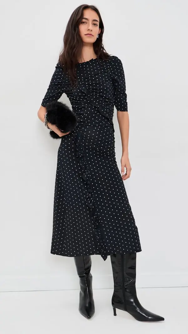 Sea Jeanne Polka Dot Print Ruched Midi Dress