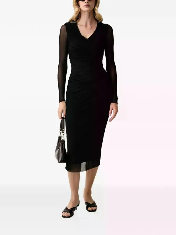 SILVIAN HEACH Ruched Mesh-sleeve Midi Dress - Black
