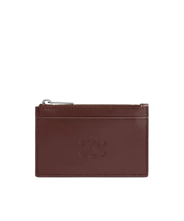 Celine Zipped Card Holder In Satinated Calfskin With Triomphe Embossed - Red