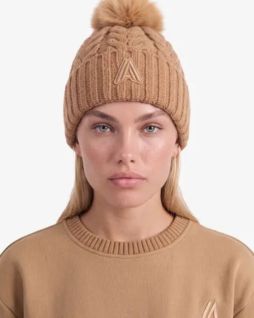 ALPENHAUS Murier Cable Knit Beanie With Removable Pompom - Camel