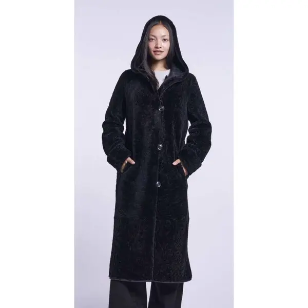 BLUE DUCK Hooded Shearling Coat - Black