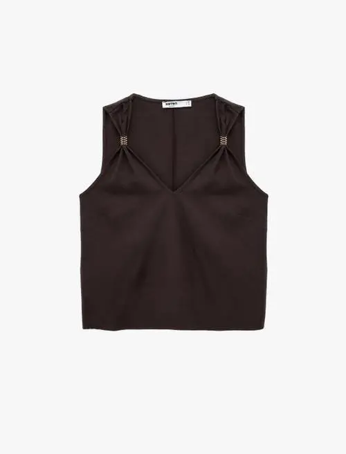 Koton Cotton Blend V-neck Sleeveless Top With Metal Accents