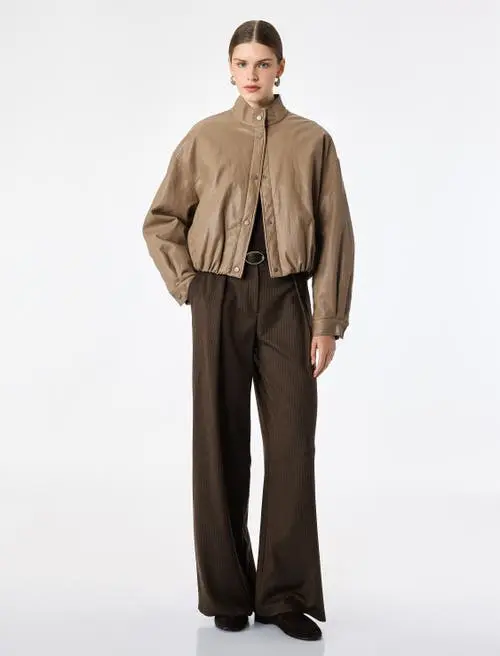 Koton Funnel Neck Faux Leather Crop Bomber Jacket - Mink