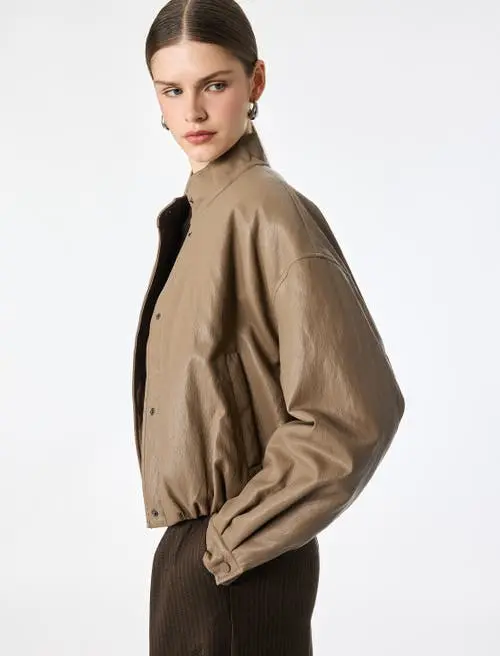 Koton Funnel Neck Faux Leather Crop Bomber Jacket - Mink