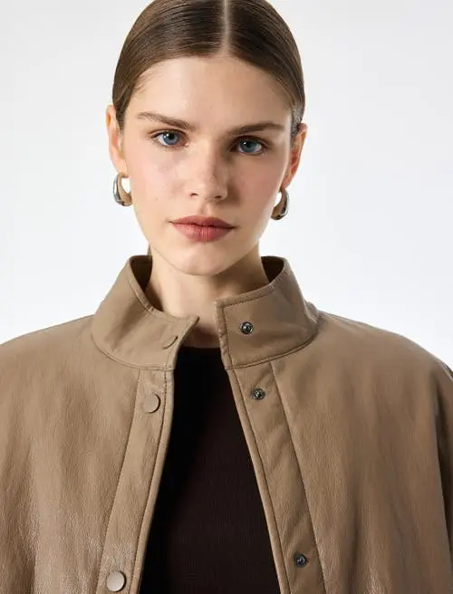 Koton Funnel Neck Faux Leather Crop Bomber Jacket - Mink