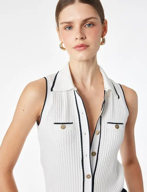 Koton Button-front Sleeveless Polo Knit Top Contrast Trim