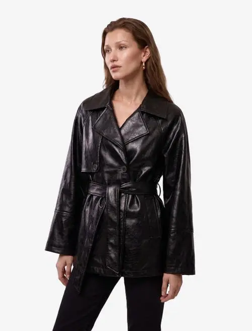 Koton Belted Double-breasted Faux Leather Trench Coat