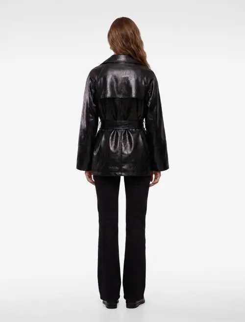Koton Belted Double-breasted Faux Leather Trench Coat