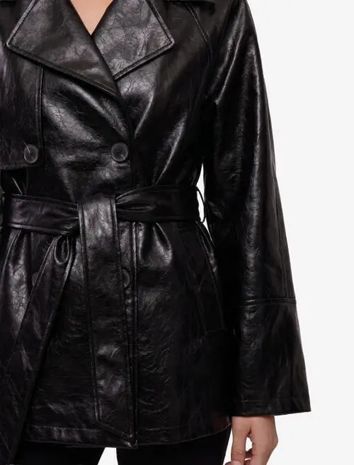Koton Belted Double-breasted Faux Leather Trench Coat
