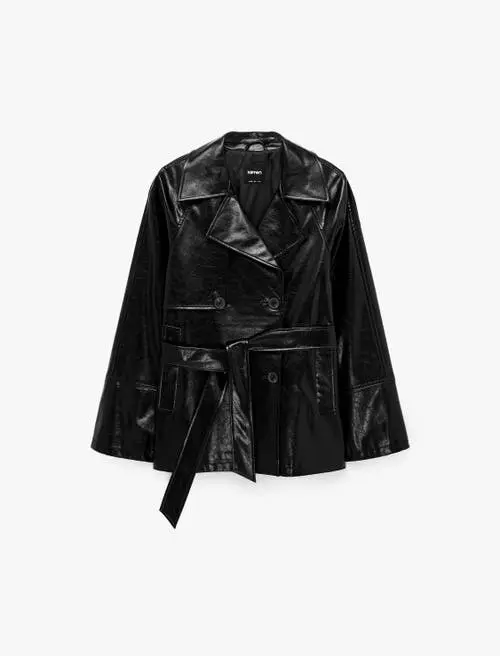Koton Belted Double-breasted Faux Leather Trench Coat