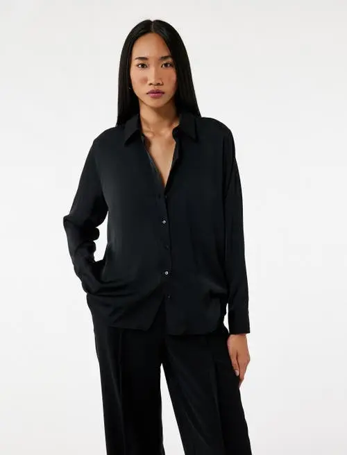 Koton Long Sleeve Collared Satin Shirt - Black