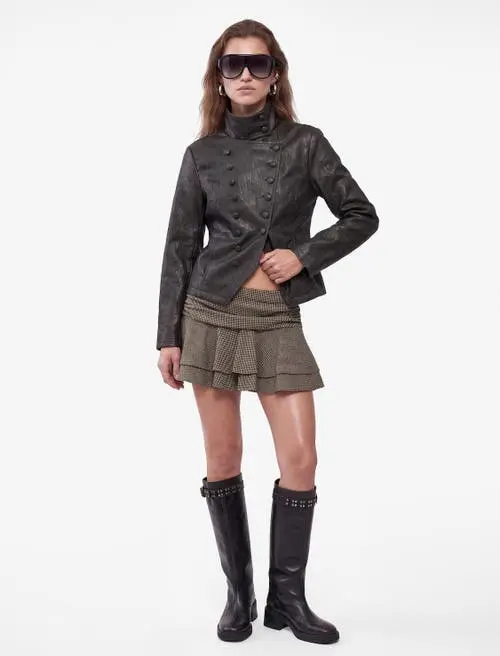 Koton Funnel Neck Faux Leather Military Jacket Asymmetric Front Overlap - Black