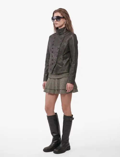 Koton Funnel Neck Faux Leather Military Jacket Asymmetric Front Overlap