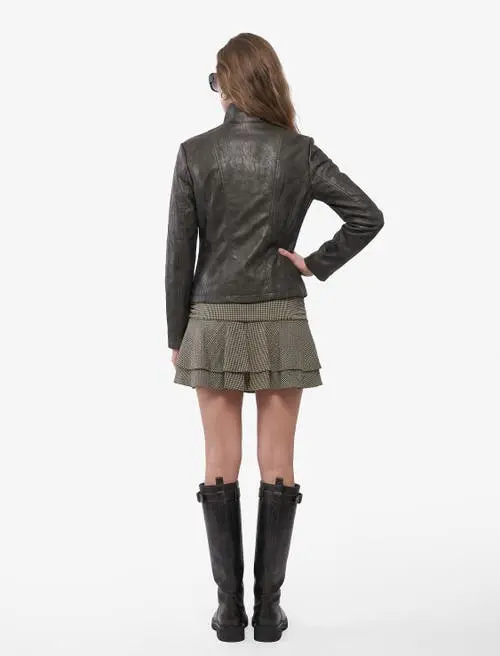Koton Funnel Neck Faux Leather Military Jacket Asymmetric Front Overlap