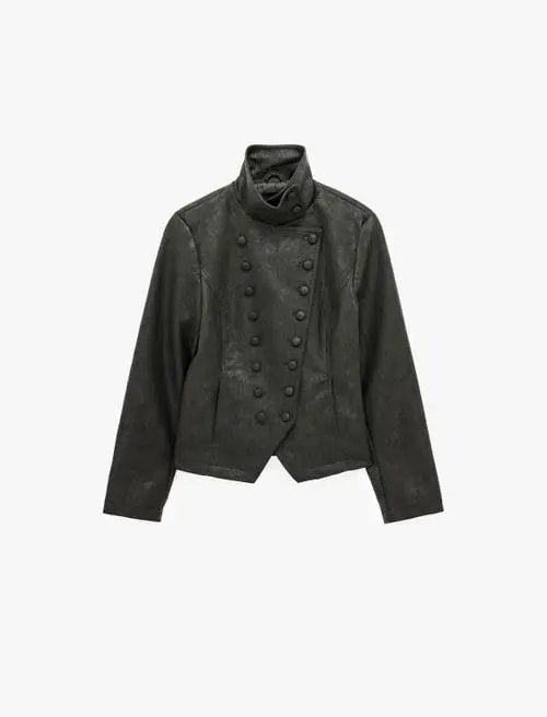 Koton Funnel Neck Faux Leather Military Jacket Asymmetric Front Overlap