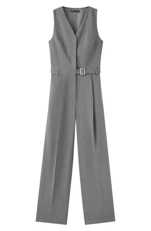 Mango Pinstriped Belted Jumpsuit - Grey