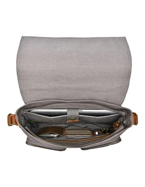TSD BRAND Valley Oak Canvas And Leather Organizer Messenger Bag - Grey