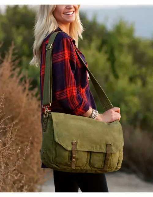 TSD BRAND Coastal Canvas Flap Messenger Bag - Olive