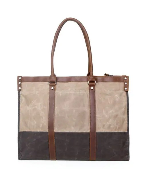 TSD BRAND Stone Creek Two Tone Waxed Canvas Tote - Beige