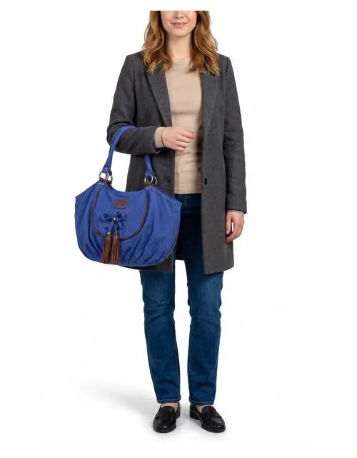 TSD BRAND Bold Lotus Canvas Tassel Hobo Bag - Navy