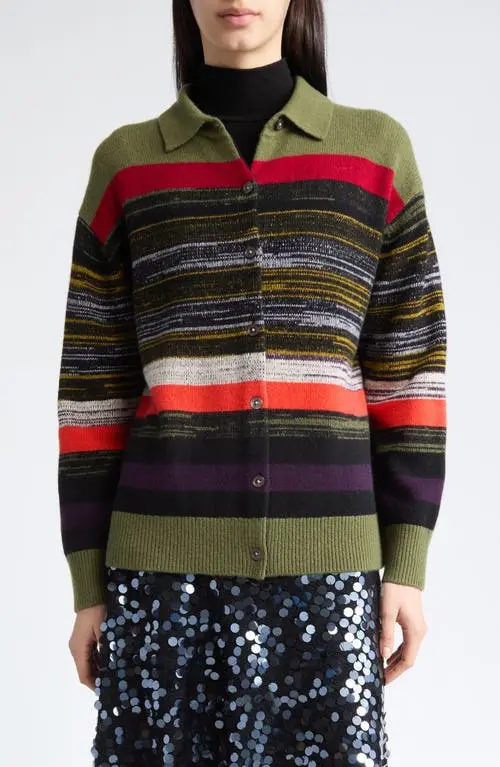 ZANKOV Andrew Stripe Wool & Cashmere Cardigan - Olive Multi