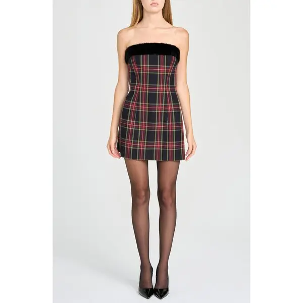 WAYF X Rose Lola Gramercy Strapless Faux Fur Trim Minidress - Navy